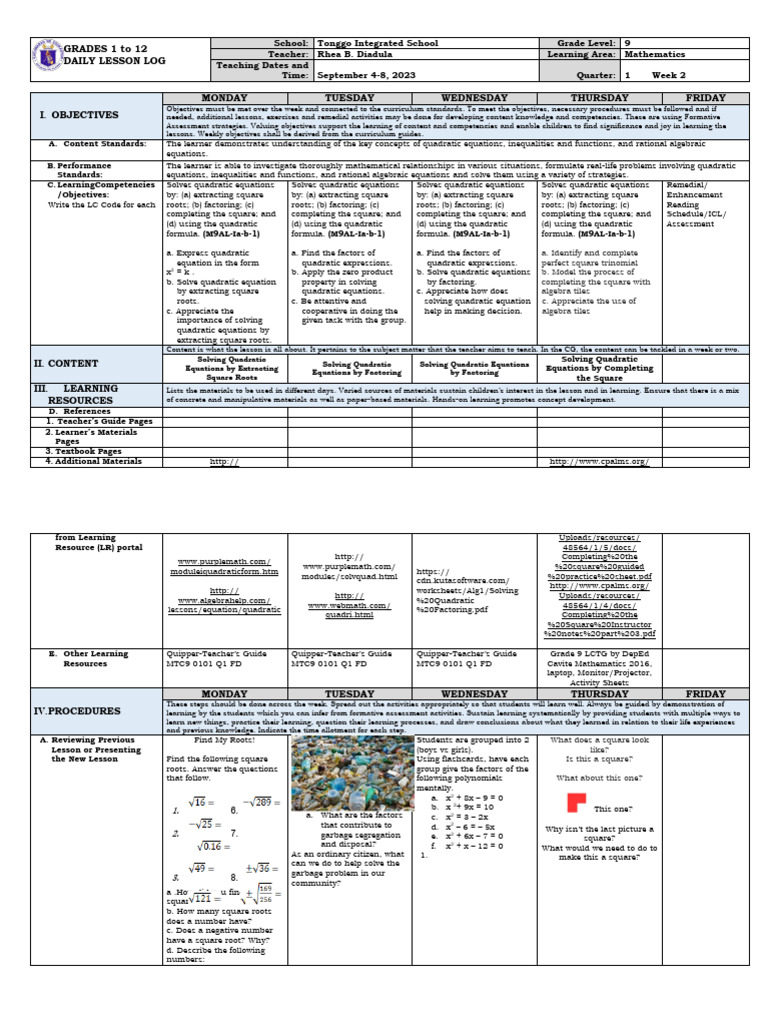 DLL-Math 9 Quarter 1week 2 SY 2023-2024 | PDF | Quadratic Equation | Factorization