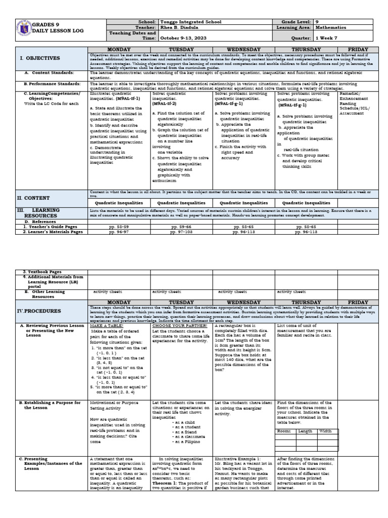 DLL-Math 9 Quarter 1 Week 7 SY 2023-2024 | PDF | Quadratic Equation ...
