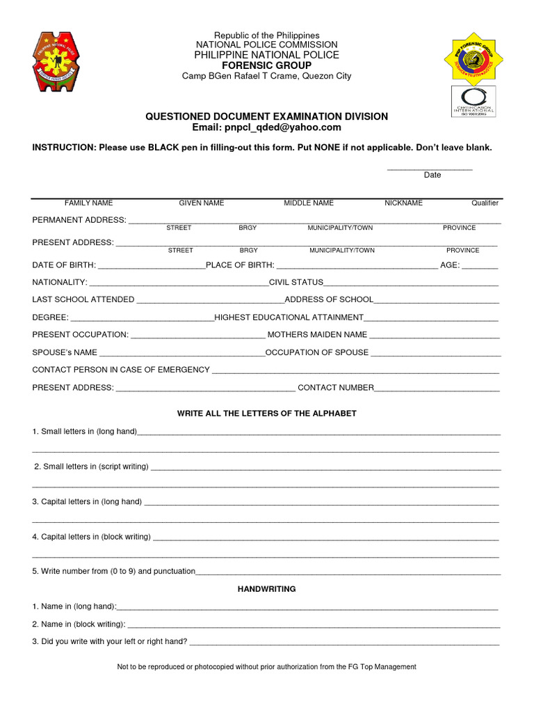 Handwriting Specimen Submission Form | PDF | Human Communication ...