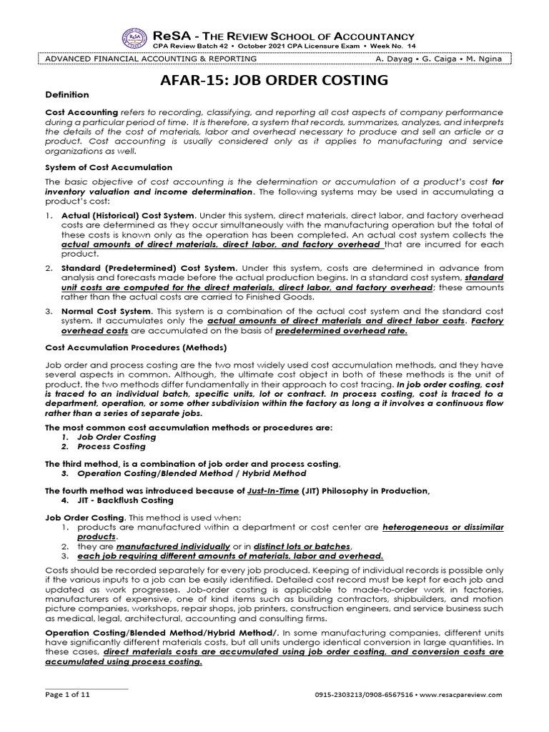 Job Order Costing Overview and Examples | PDF | Overtime | Cost Of ...