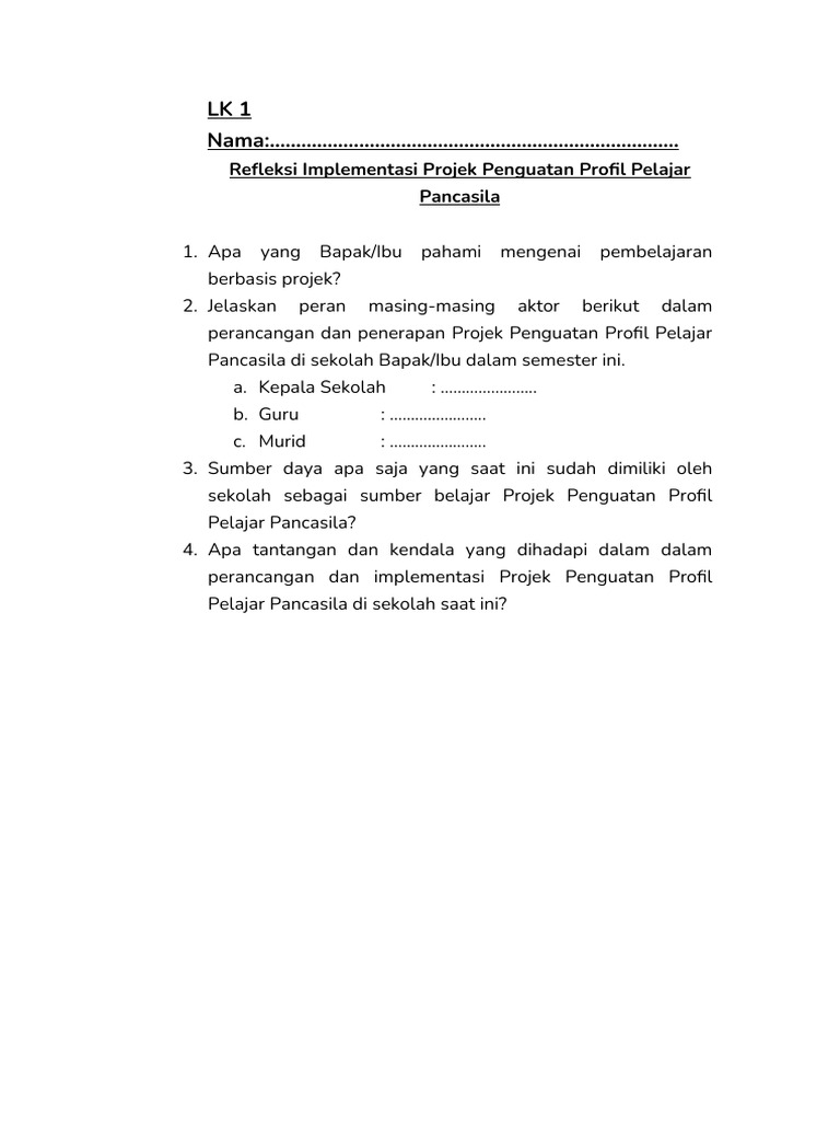 LK 1 - Refleksi P5 | PDF