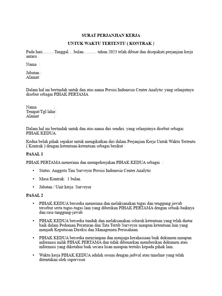 Contoh Format Surat Perjanjian Kontrak Kerja Untuk Waktu Tertentu | PDF