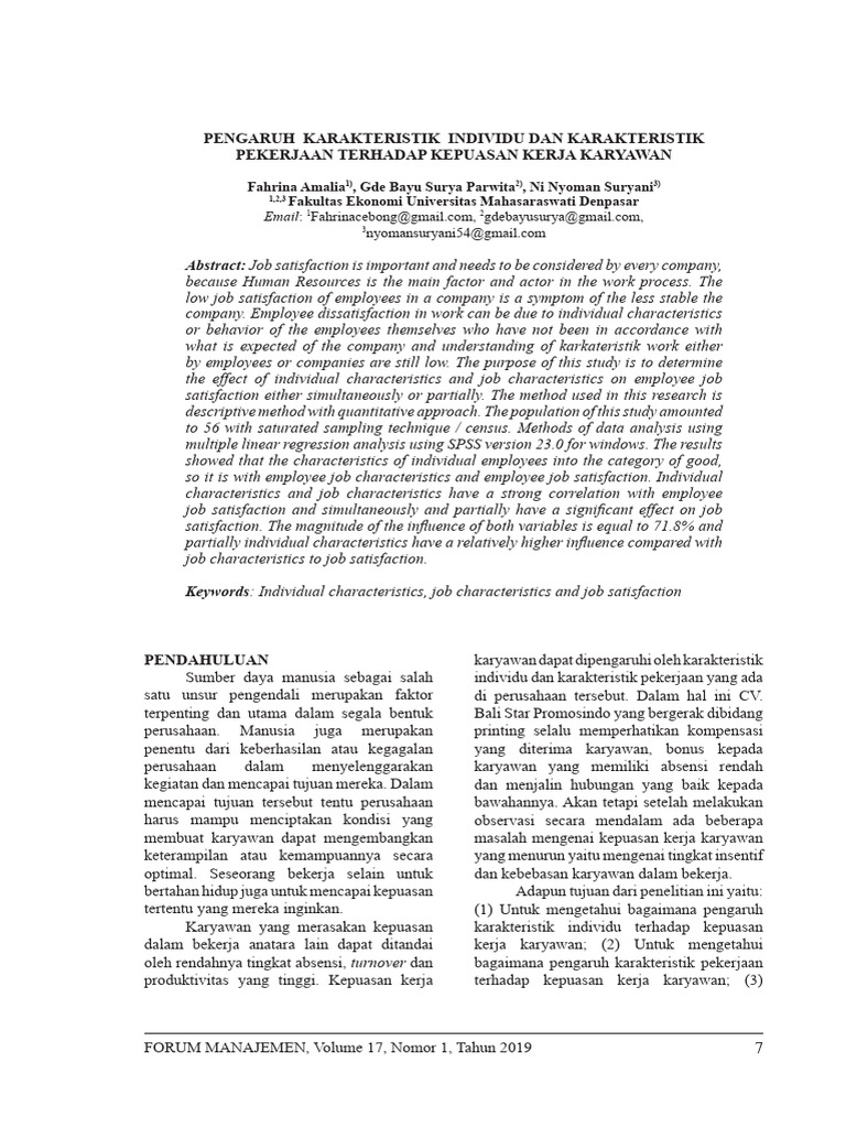 Jurnal Manajemen Vol. 17, No. 1 Tahun 2019 - p010-016 | PDF | Job Satisfaction | Statistical ...