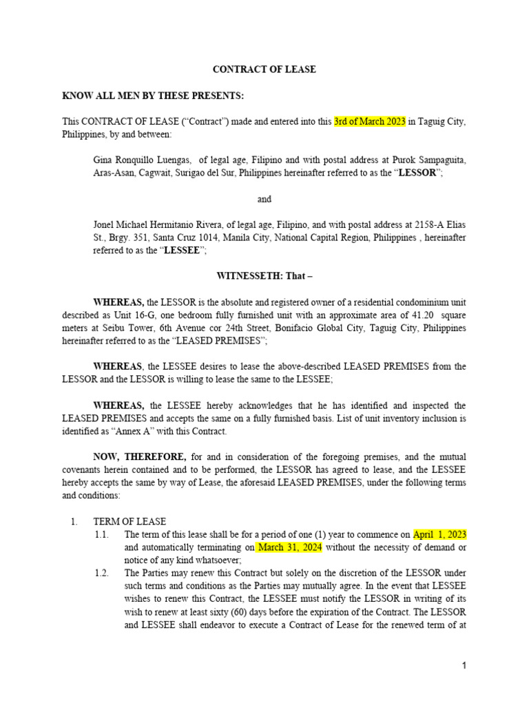 Contract Lease Sample | PDF | Lease | Renting