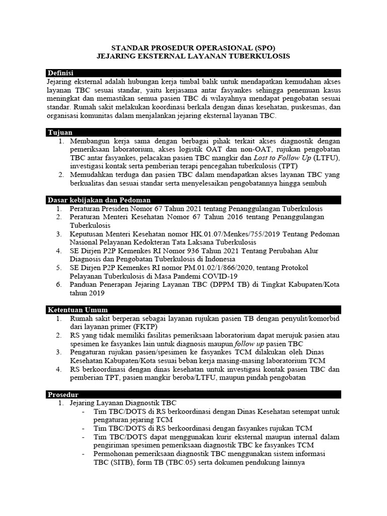 Contoh - SPO Jejaring Eksternal Layanan TBC - Final (28.09.22) | PDF