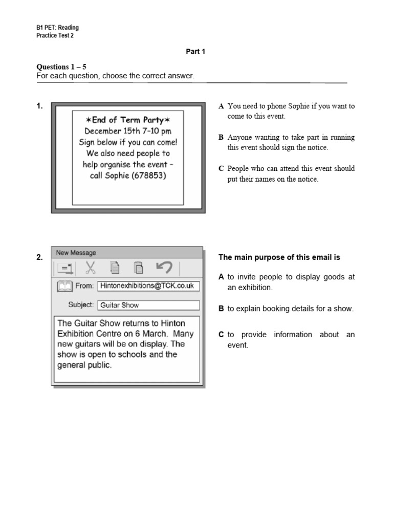 B1 PET Reading Practice Test 2 Part 1-3 | PDF