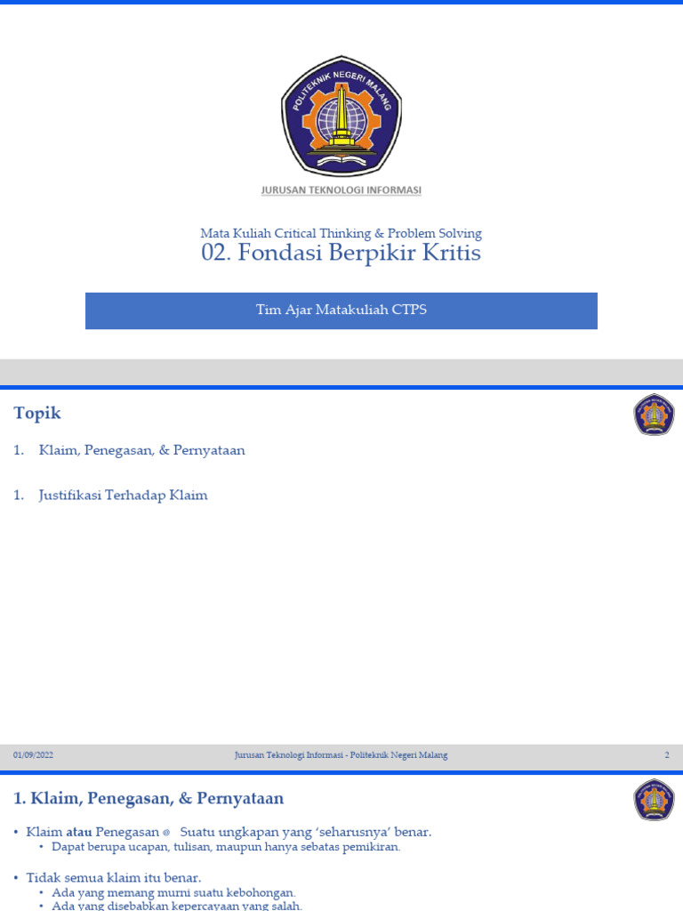 Matkul CTPS Polinema Semester 1 (Bab 2 - Fondasi Berpikir Kritis) | PDF