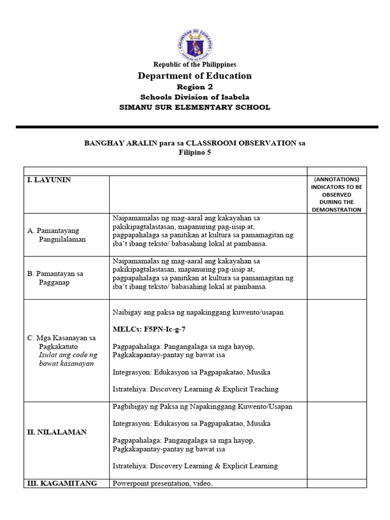 Co Lesson Plan Filipino 5 Quarter 1 | PDF