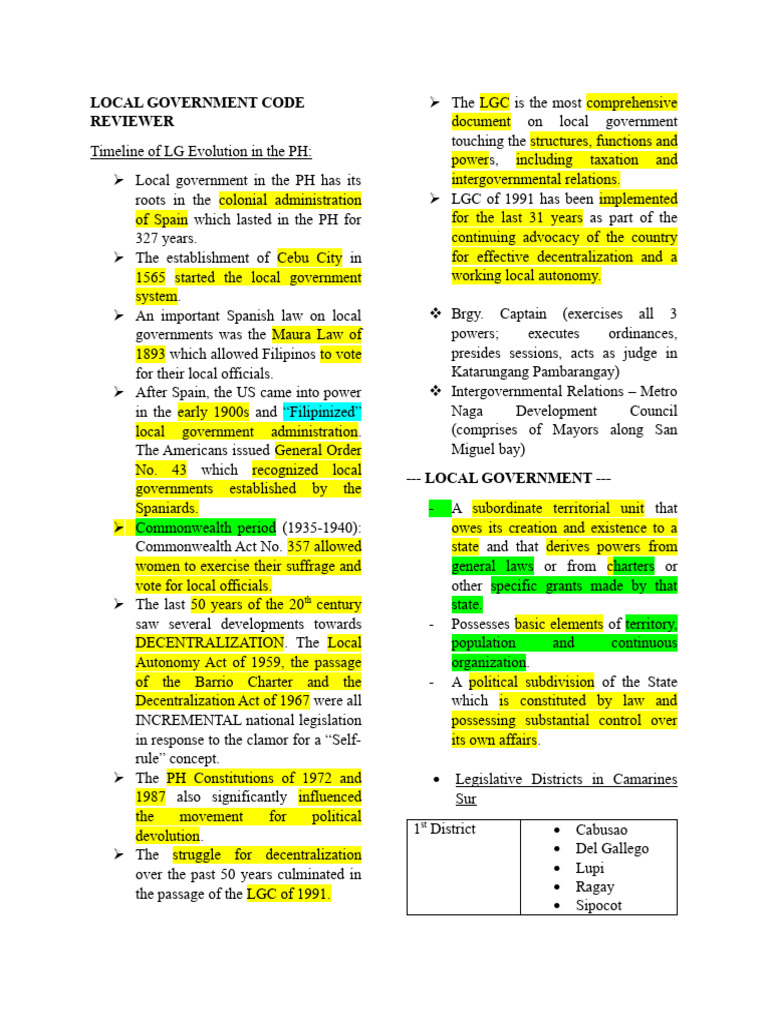 Local Government Code Reviewer | PDF | Decentralization | Autonomy