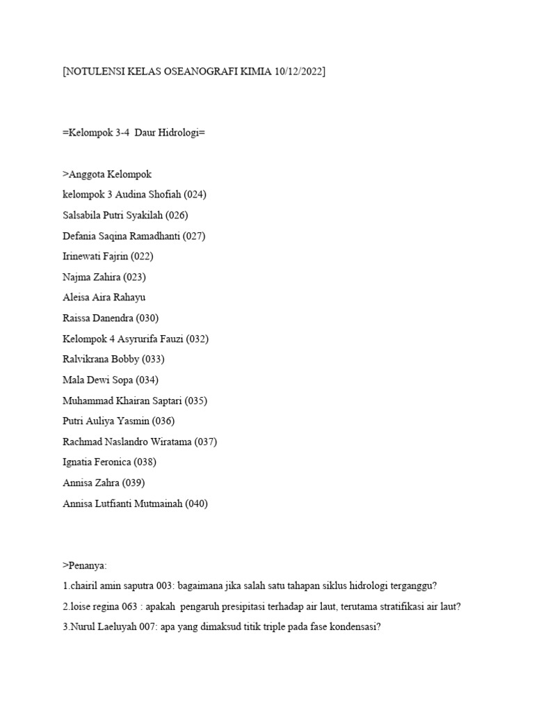 Notulensi Kelas Oseanografi Kimia 10-12-2022 | PDF Notulensi Kelas Oseanografi Kimia 10-12-2022 | PDF