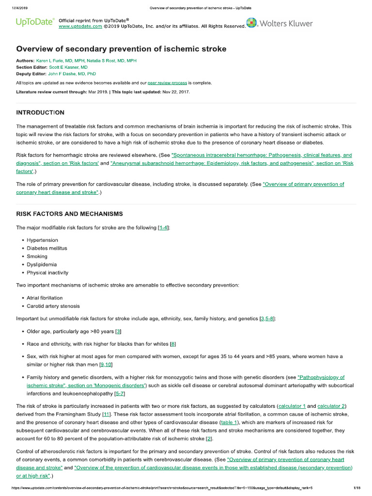 2019 Overview of Secondary Prevention of Ischemic Stroke - UpToDate | PDF