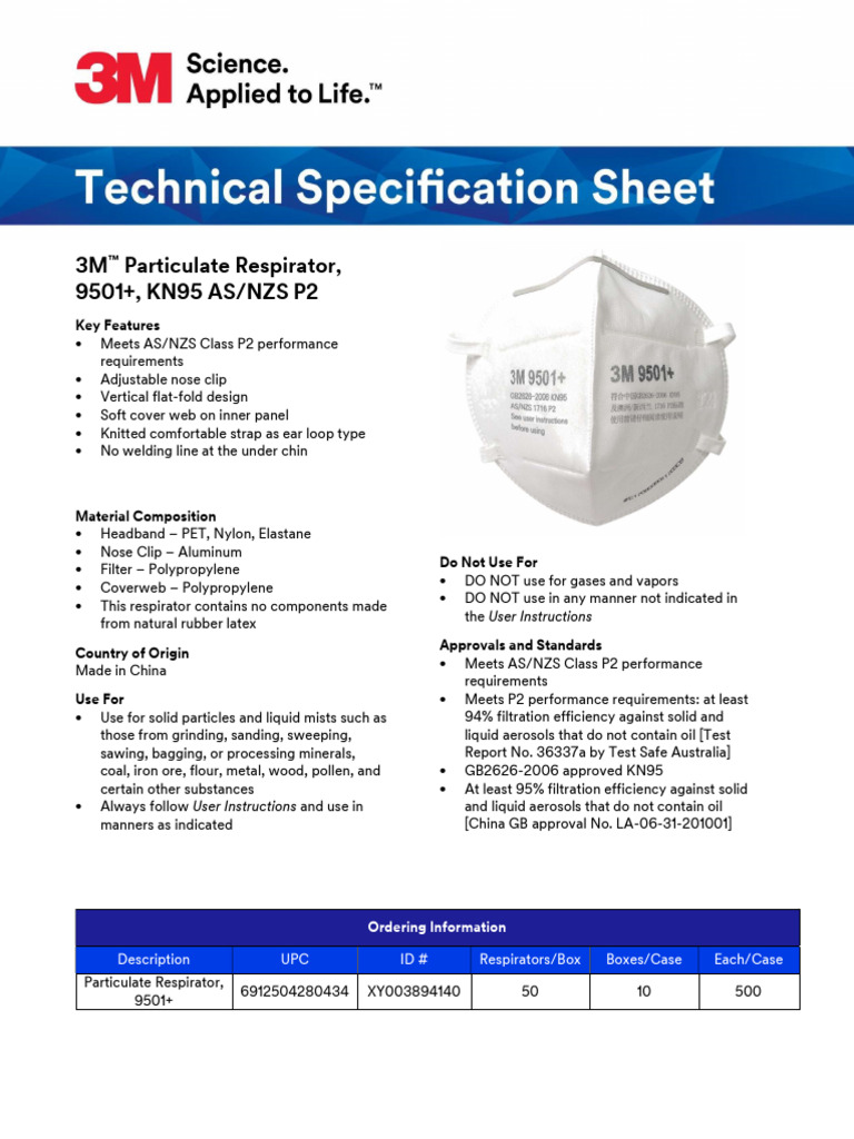9501+ (P2, KN95 Particulate Respirator Spec Sheet) - Earloop | PDF