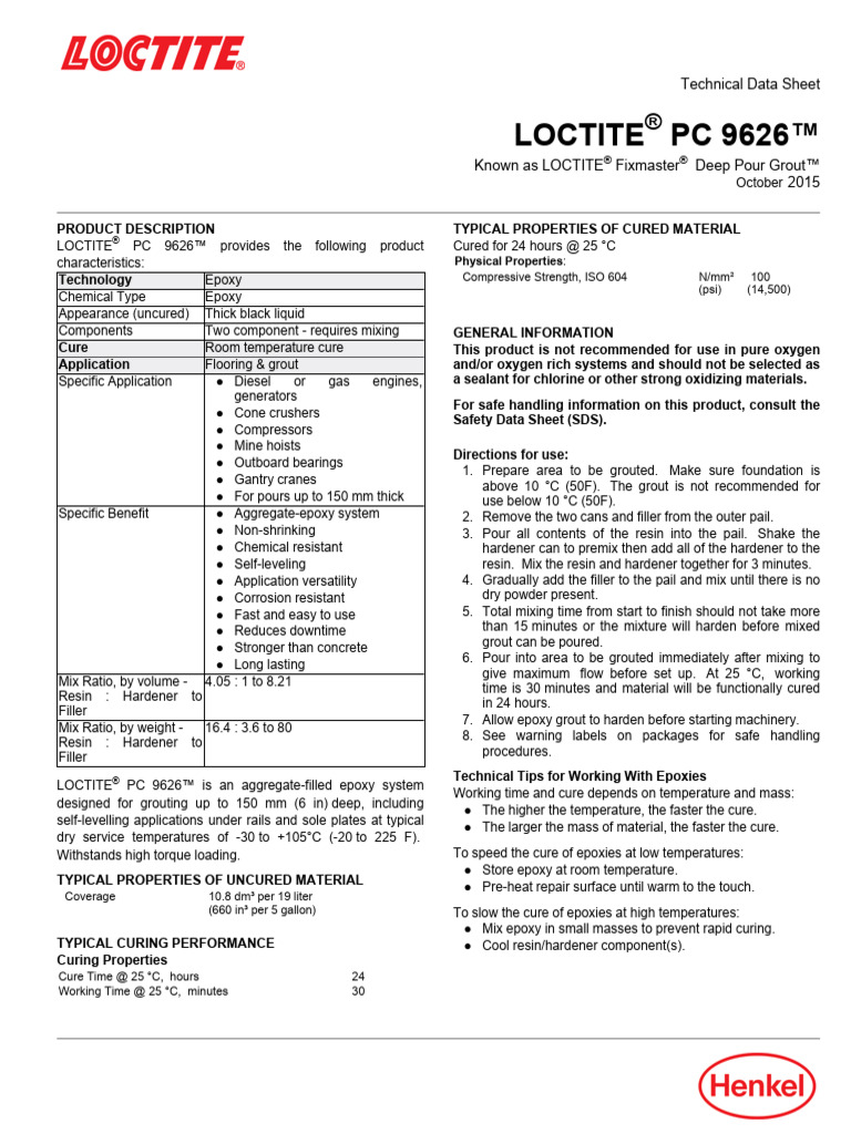 TDS Loctite LOCTITE PC 9626 Fixmaster Deep Pour Grout | PDF | Epoxy | Legal Liability