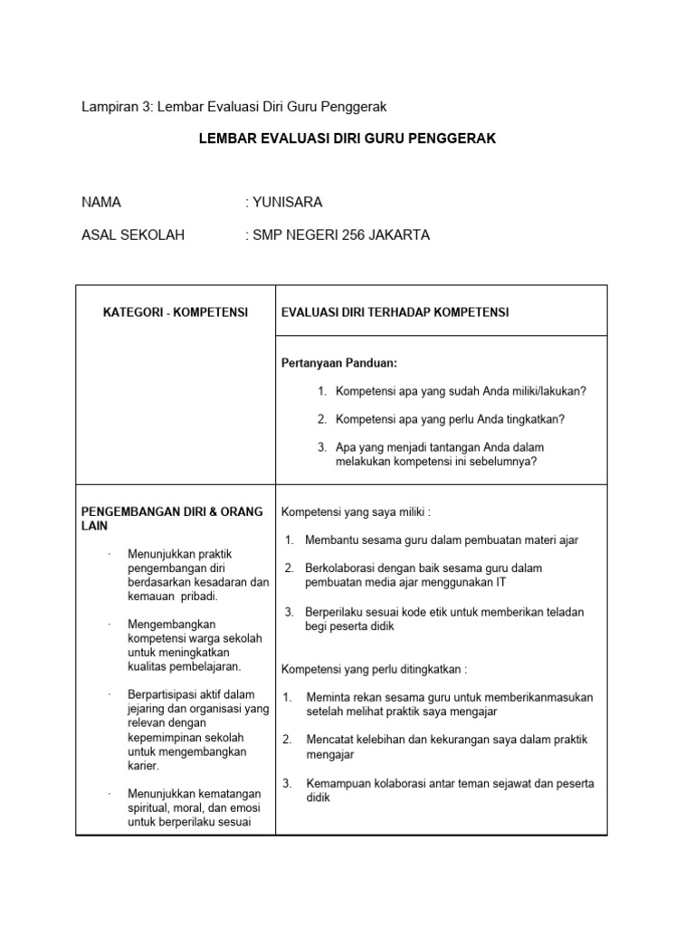 Lampiran 3 - Lembar Evaluasi Diri Guru Penggerak | PDF