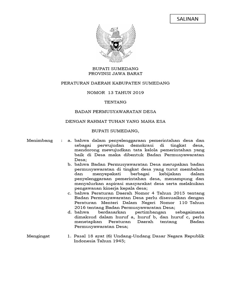 PERDA Nomor 13 Tahun 2019 TTG BPD | PDF