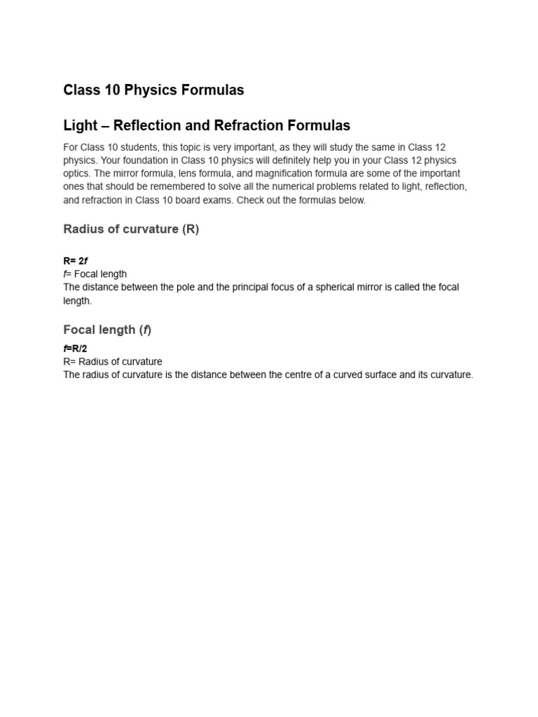 Class 10 Physics Exam Formulas | PDF | Electromagnetism | Electrodynamics