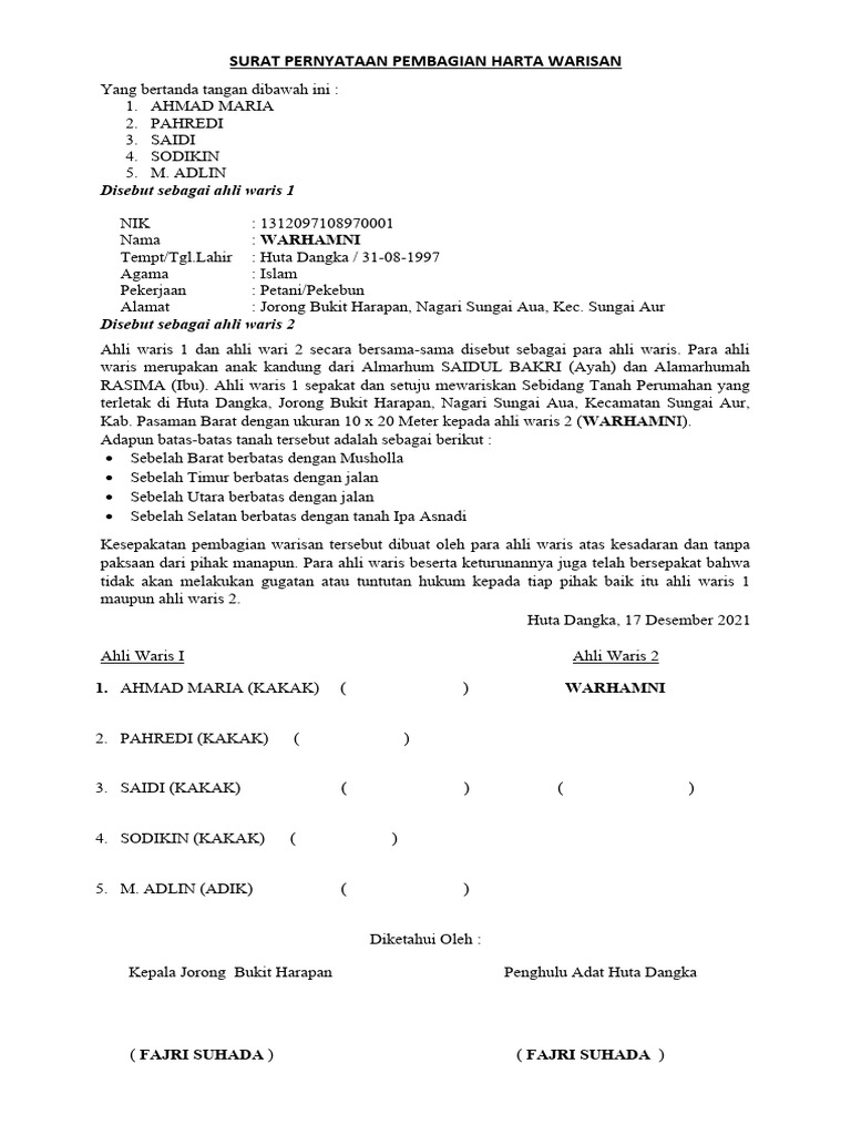 Surat Pernyataan Pembagian Harta Warisan | PDF