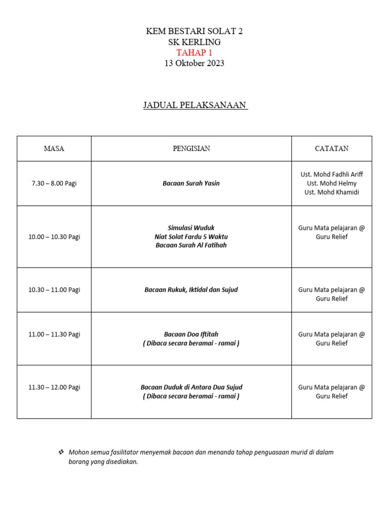 Jadual Pelaksanaan Kem Bestari Solat 2 - 13 Oktober 2023 | PDF