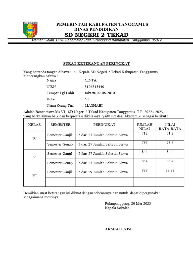 Contoh Surat Keterangan Peringkat | PDF Contoh Surat Keterangan Peringkat | PDF