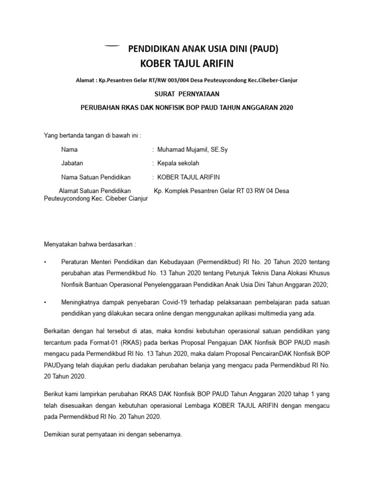 Contoh Surat Pernyataan RKAS BOP PAUD Tahun 2020 | PDF