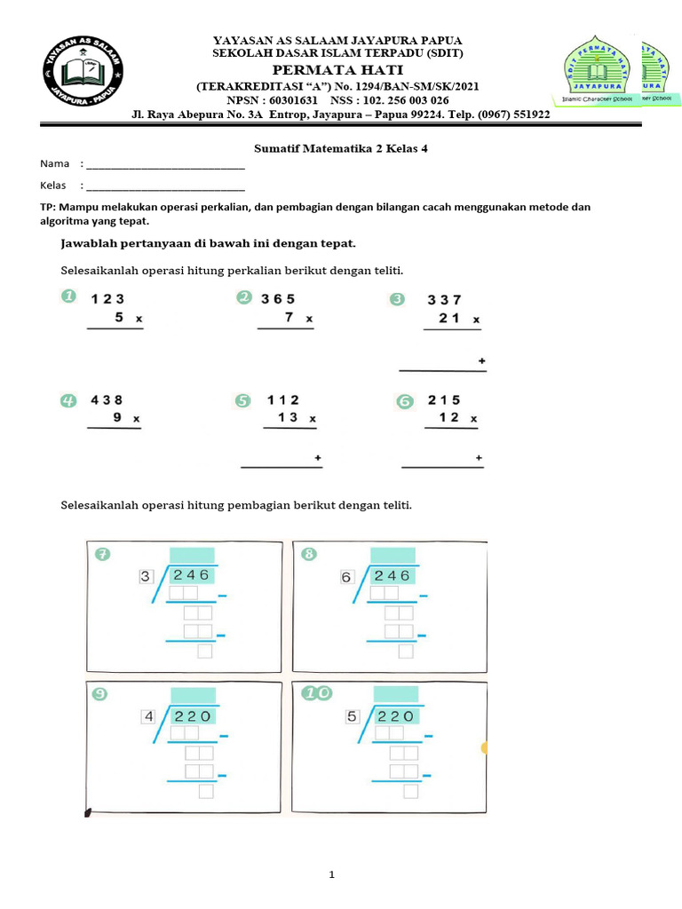 Soal Sumatif 2 Kelas 4 Pembagian Perkalian | PDF
