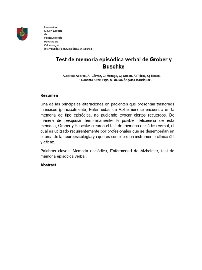 Test de Memoria Episoacutedica Verbal de Grober y Buschke | PDF