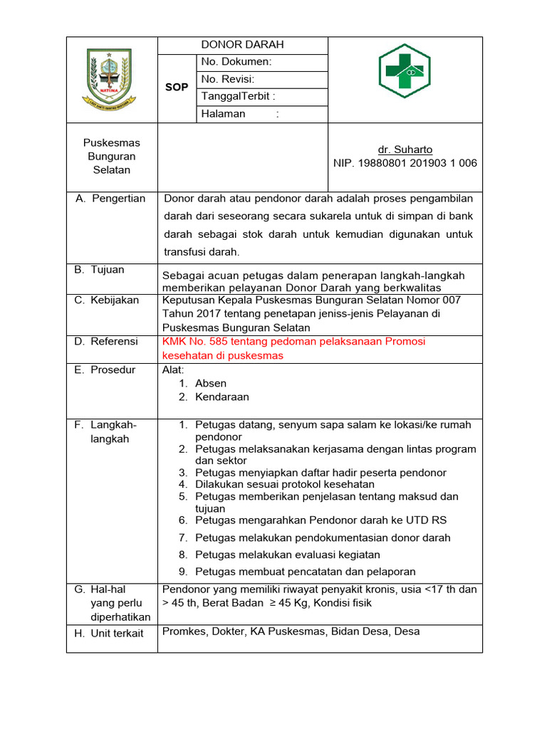Sop Donor Darah 2022 | PDF