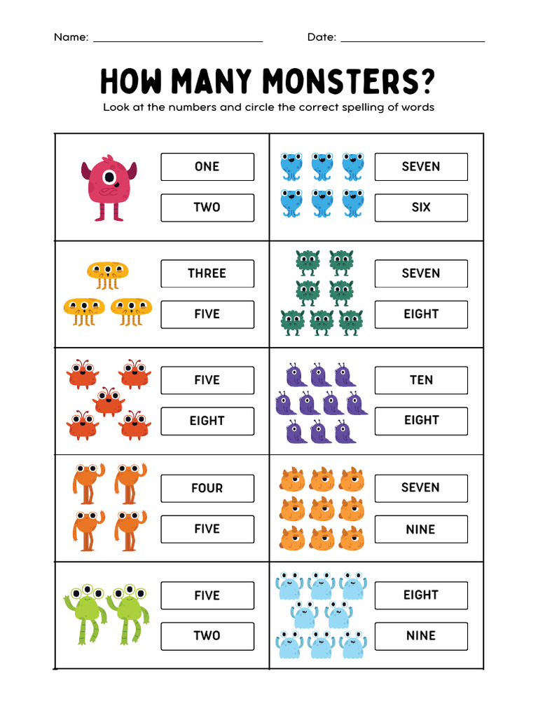 How Many Monsters Math Worksheet in Colorful Playful Style | PDF