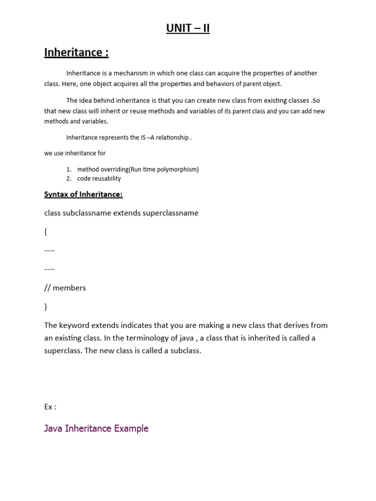 Unit Ii Pdf Inheritance Object Oriented Programming Method Computer Programming
