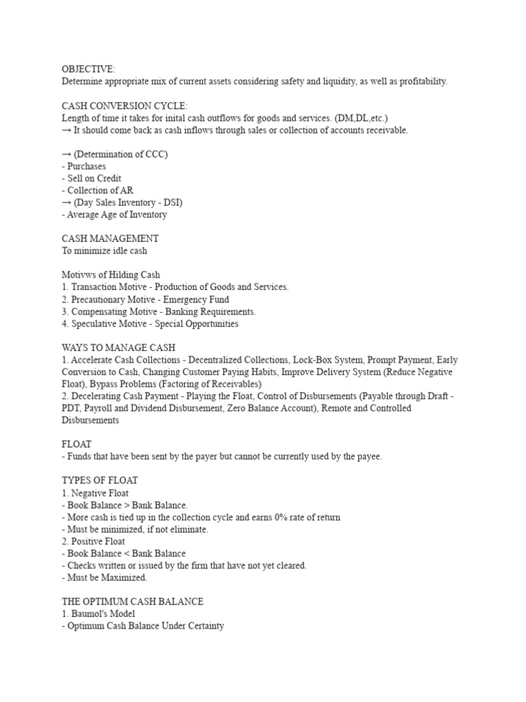 current asset management | PDF | Cash | Float (Money Supply)