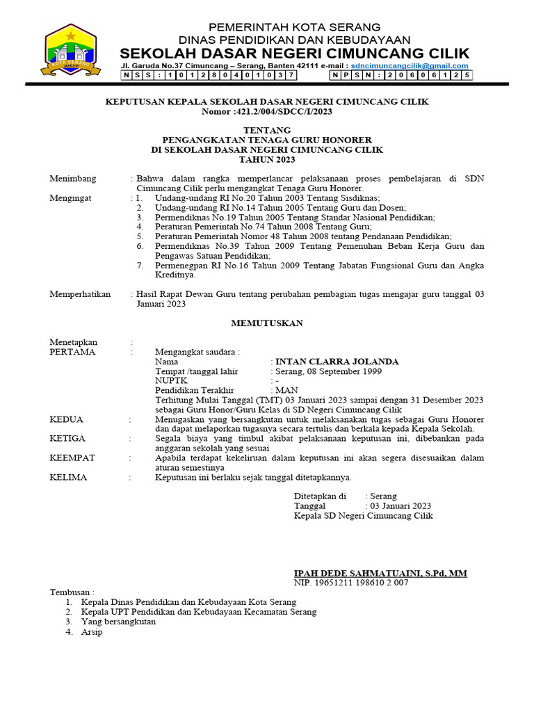 SK Honorer Intan Clarra 2023 | PDF