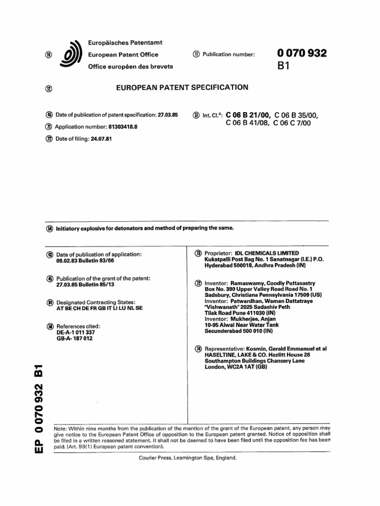 EP0070932B1 | PDF | Lead | Physical Chemistry