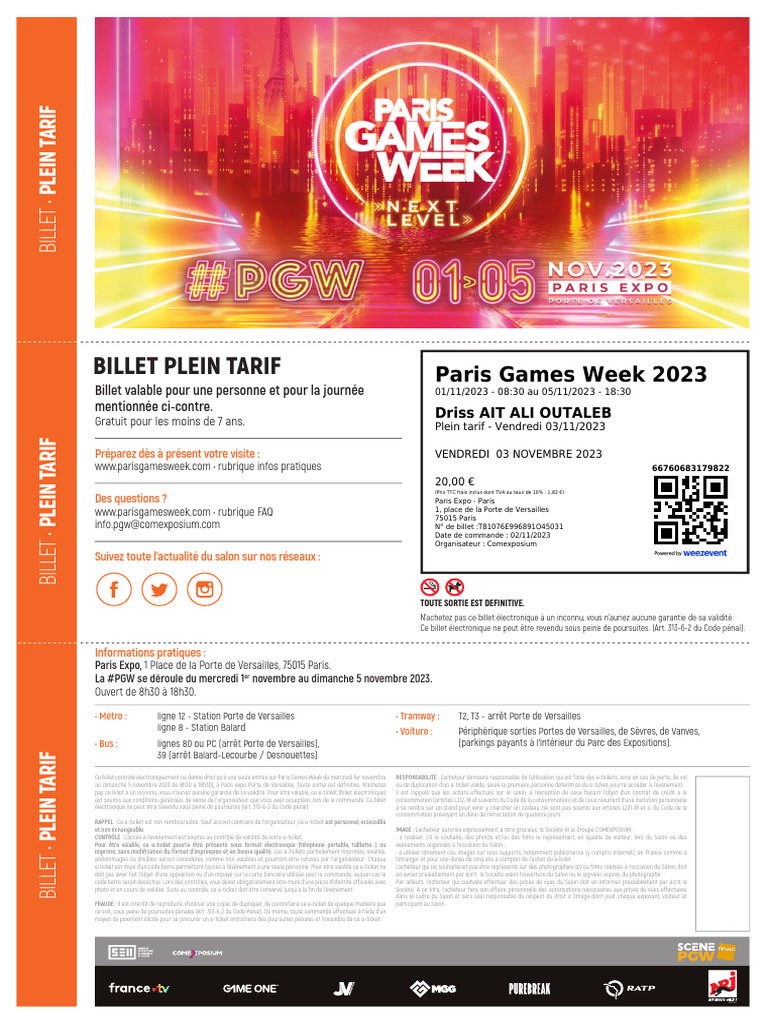 Billet Plein Tarif: Paris Games Week 2023 | PDF