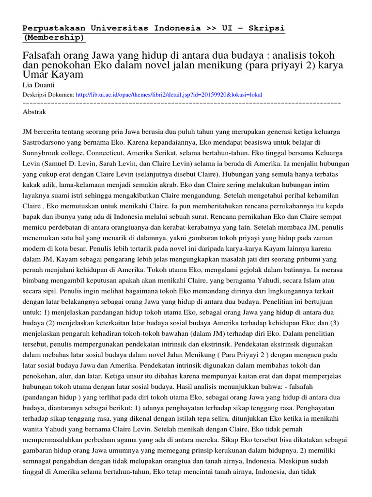 Falsafah Orang Jawa Yang Hidup Di Antara Dua Budaya: Analisis Tokoh Dan Penokohan Eko Dalam ...