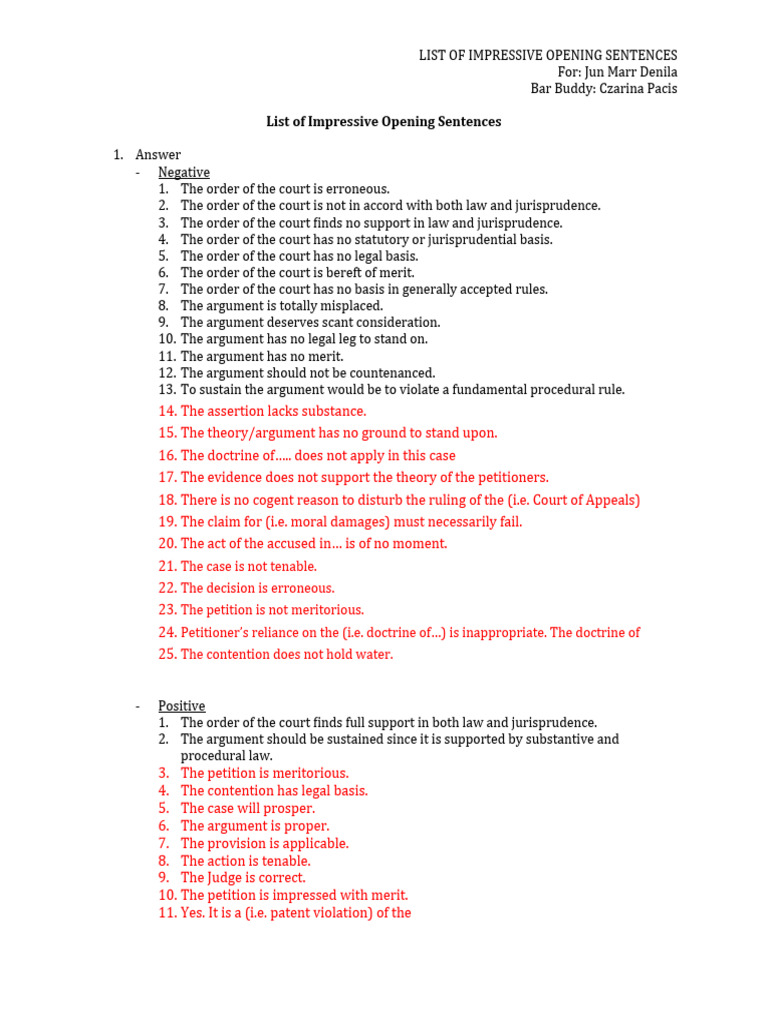 Final - List of Impressive Opening Sentences | PDF | Jurisprudence ...