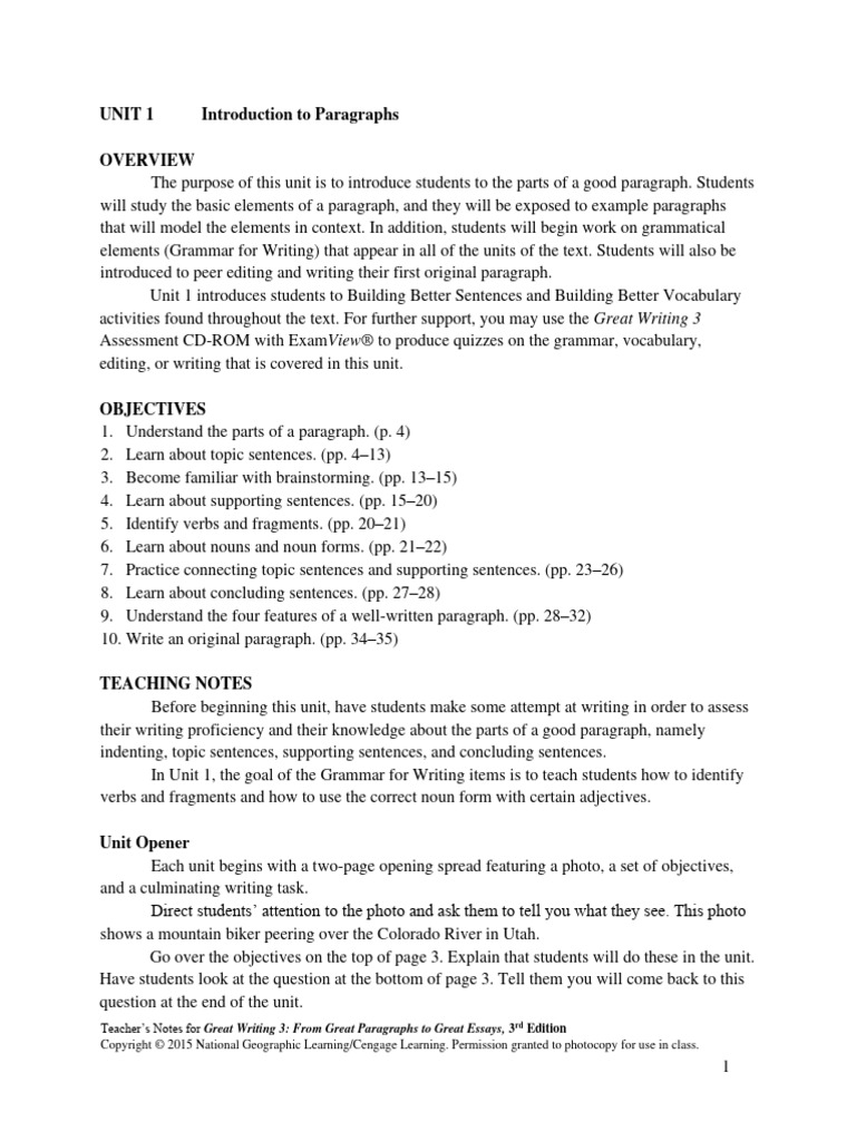 Great Writing 3 Teacher's Notes Unit 1 | PDF