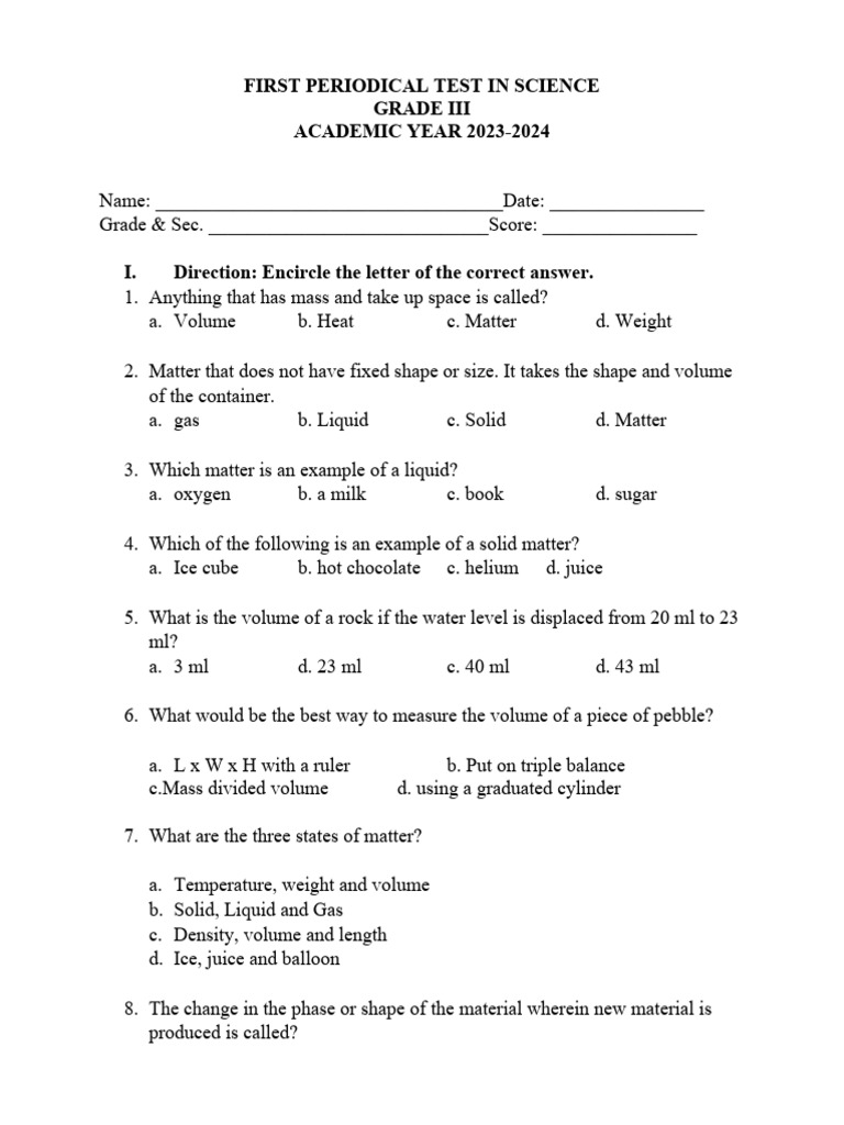 Grade III Science Test: Volume & Matter | PDF | Volume | Liquids