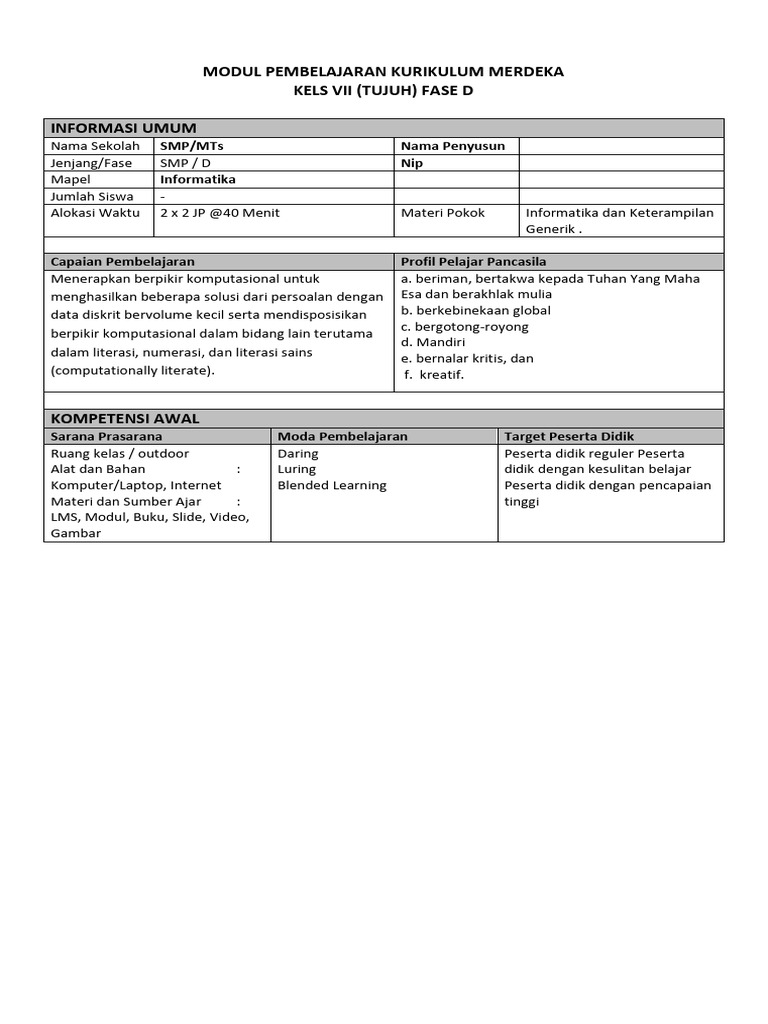 Modul Ajar Informatika - Kelas 7 Bab 1 Informatika - Fase d | PDF
