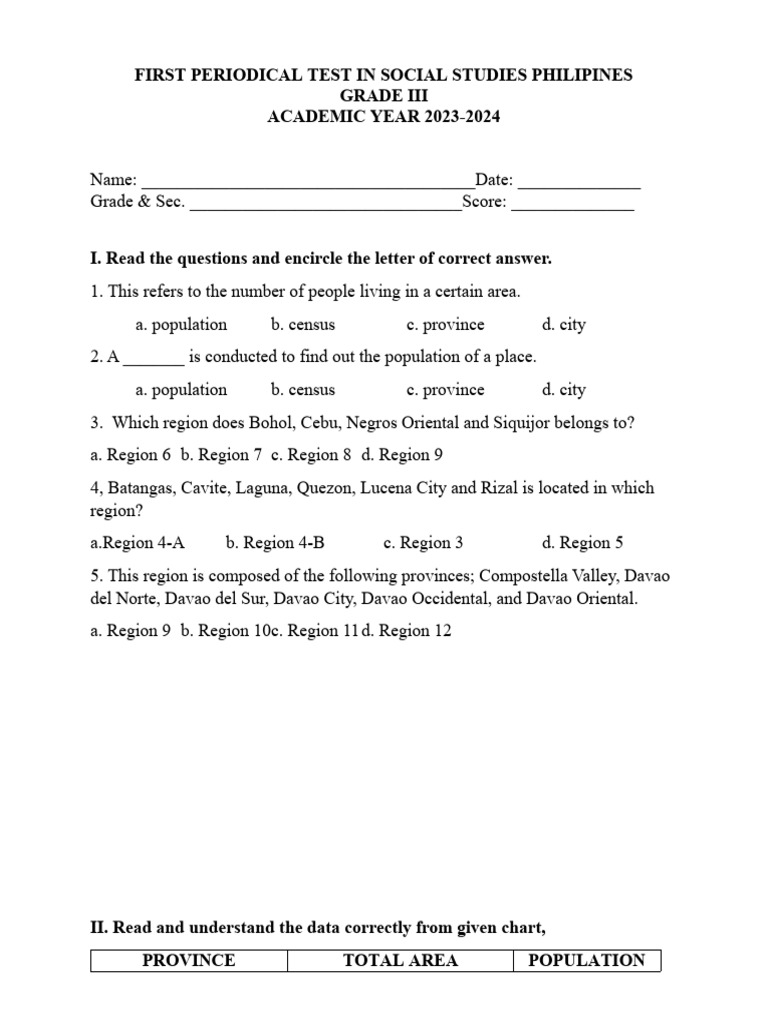 Social Studies Philippines Grade 3 FIRST QUARTER EXAM | PDF