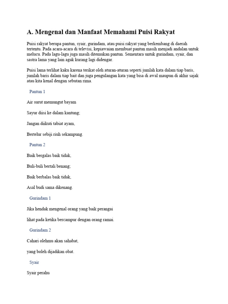 A. Mengenal Dan Manfaat Memahami Puisi Rakyat: Pantun 1 | PDF