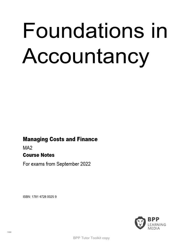 FIA - Managing Costs and Finance (MA2) - Course Notes - 2022-Unlocked ...