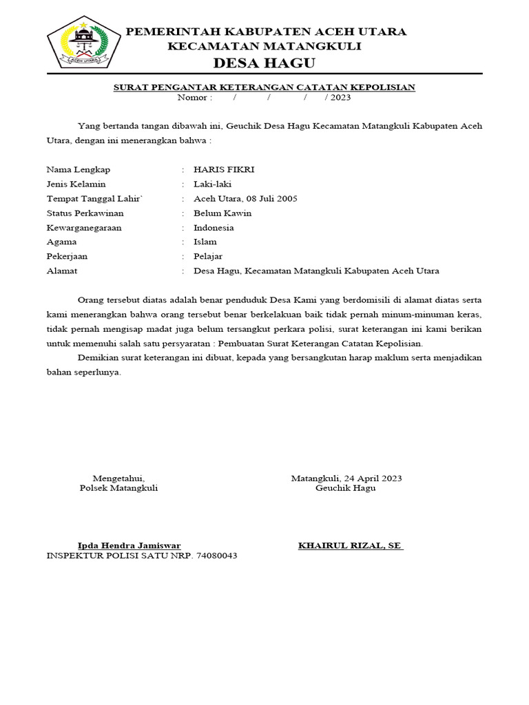 Contoh Surat Pengantar SKCK | PDF