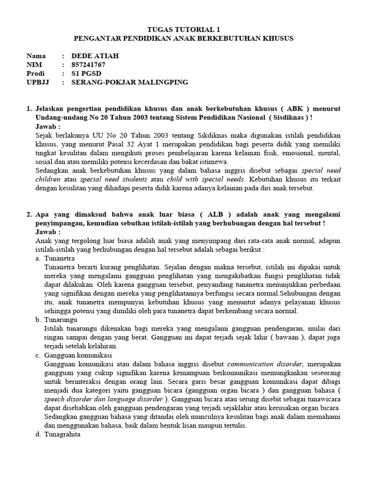 Tugas Tutorial 1 Pengantar Pendidikan Anak Berkebutuhan Khusus DEDE ATIAH 857241767 | PDF