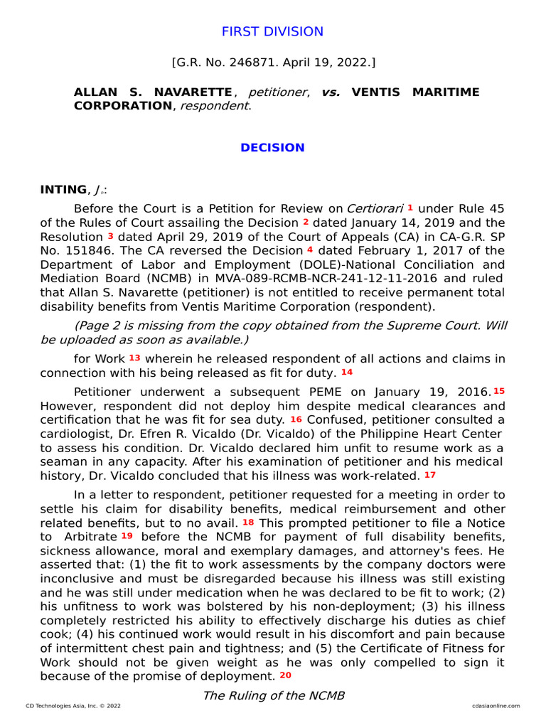 Navarette vs. Ventis Maritime: Disability Benefits Case | PDF ...
