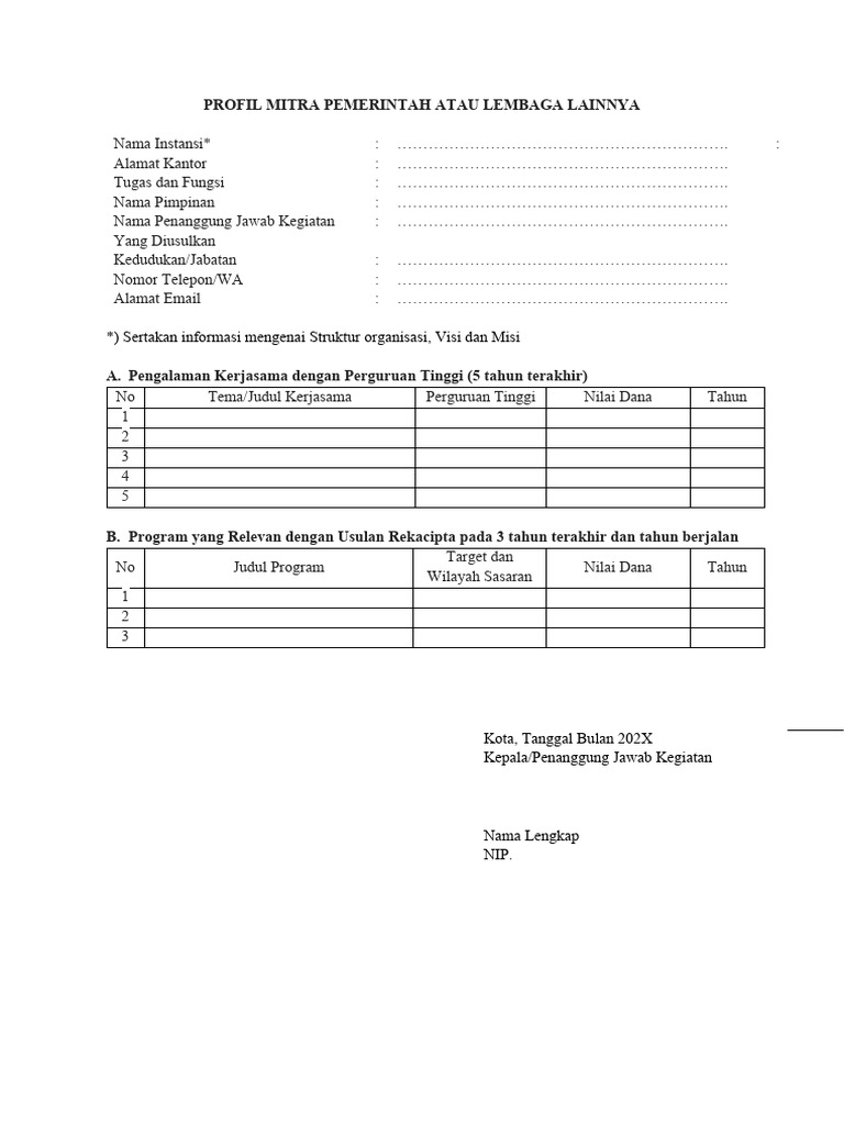 (Mitra Pemerintah Lembaga Lainnya) Formulir Profil Mitra | PDF