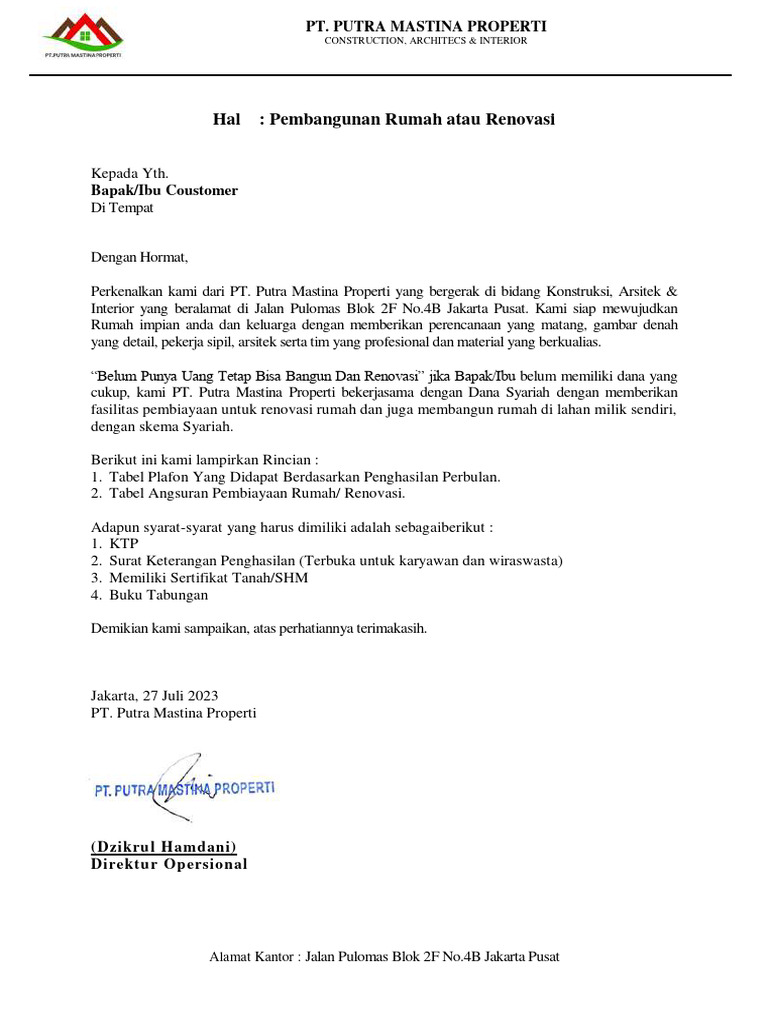 Surat Pemberitahuan Pembangunan Rumah Atau Renovasi DGN Fasilitas ...