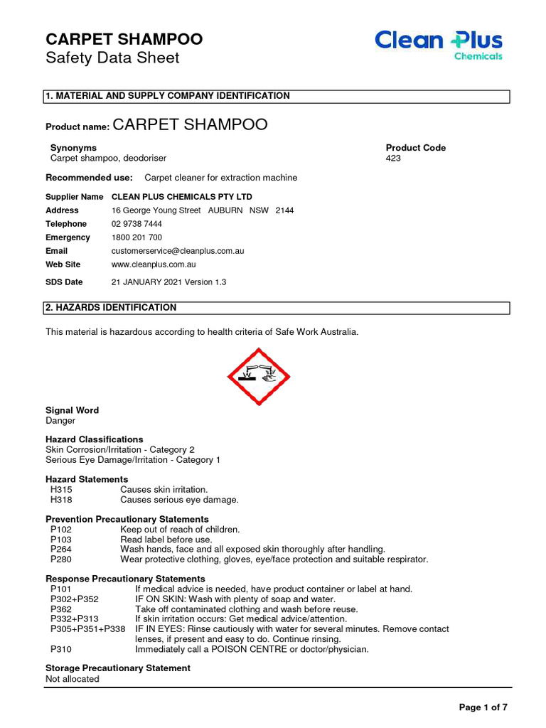 423 GHS Carpet Shampoo | PDF | Toxicity | Hazards