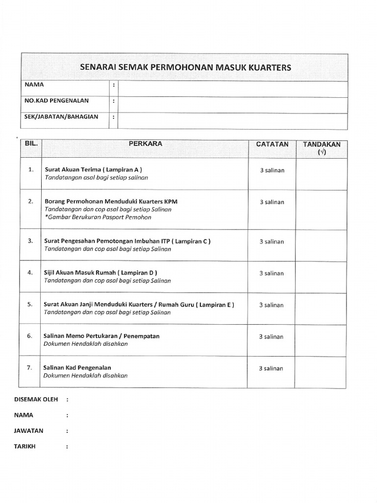 Borang Permohonan Masuk Kuarters KPM | PDF