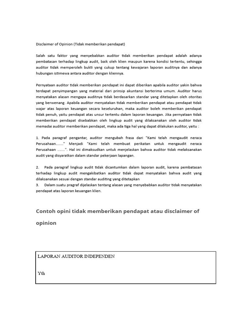 Contoh Disclaimer of Opinion Audit | PDF