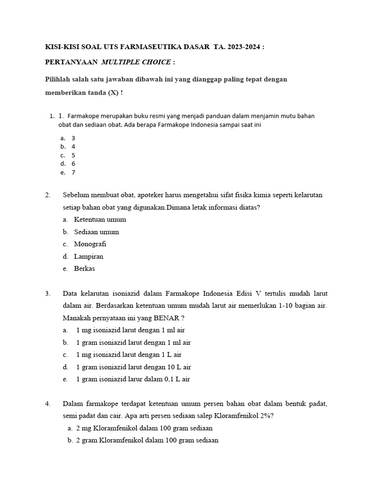 Kisi-Kisi Soal Uts Farmaseutika Dasar Ta. 2023-2024 | PDF